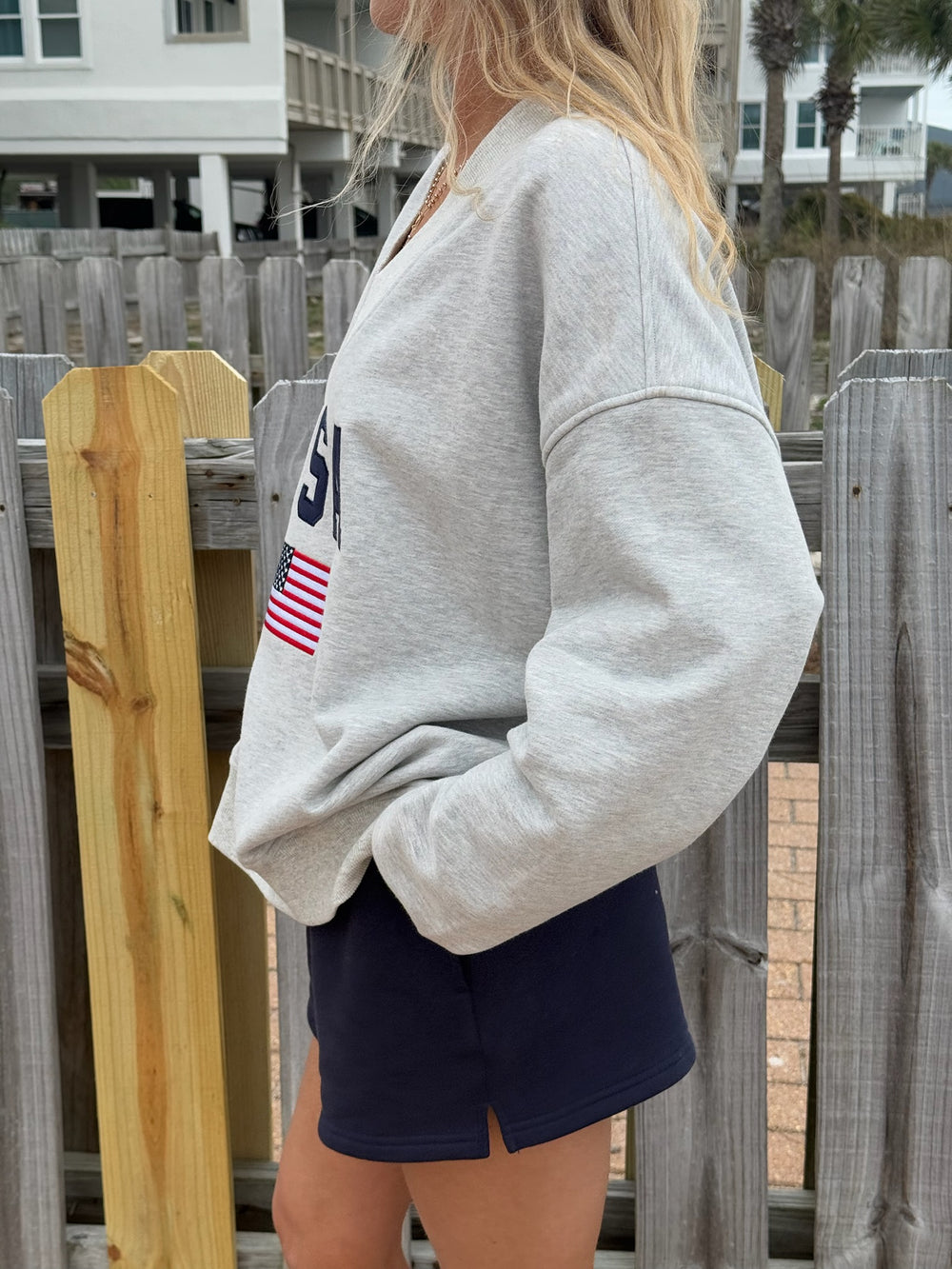 Afternoon Grey USA Flag Embroider V-Neck Sweatshirt – Sunkissedcoconut