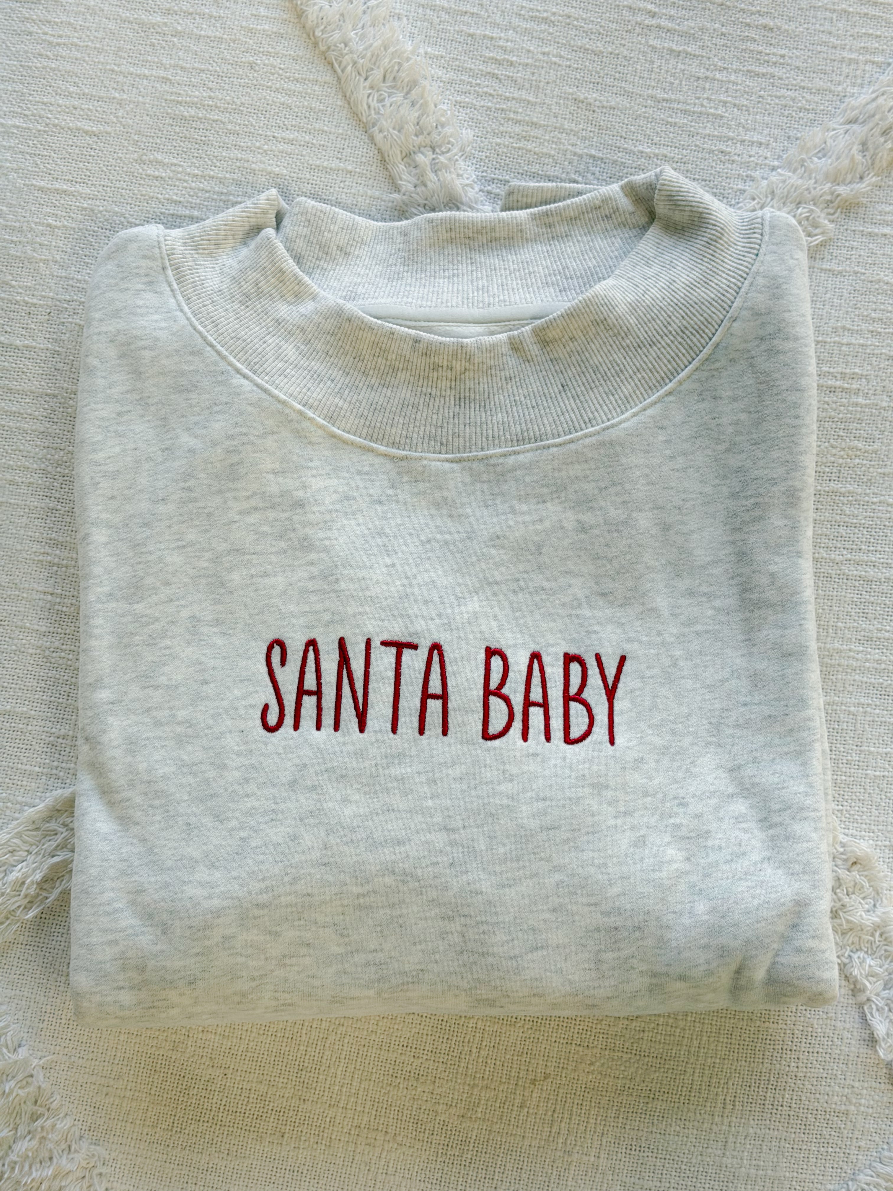Pearl Grey Santa Baby Embroidered Mockneck Sweatshirt 100% Cotton ...