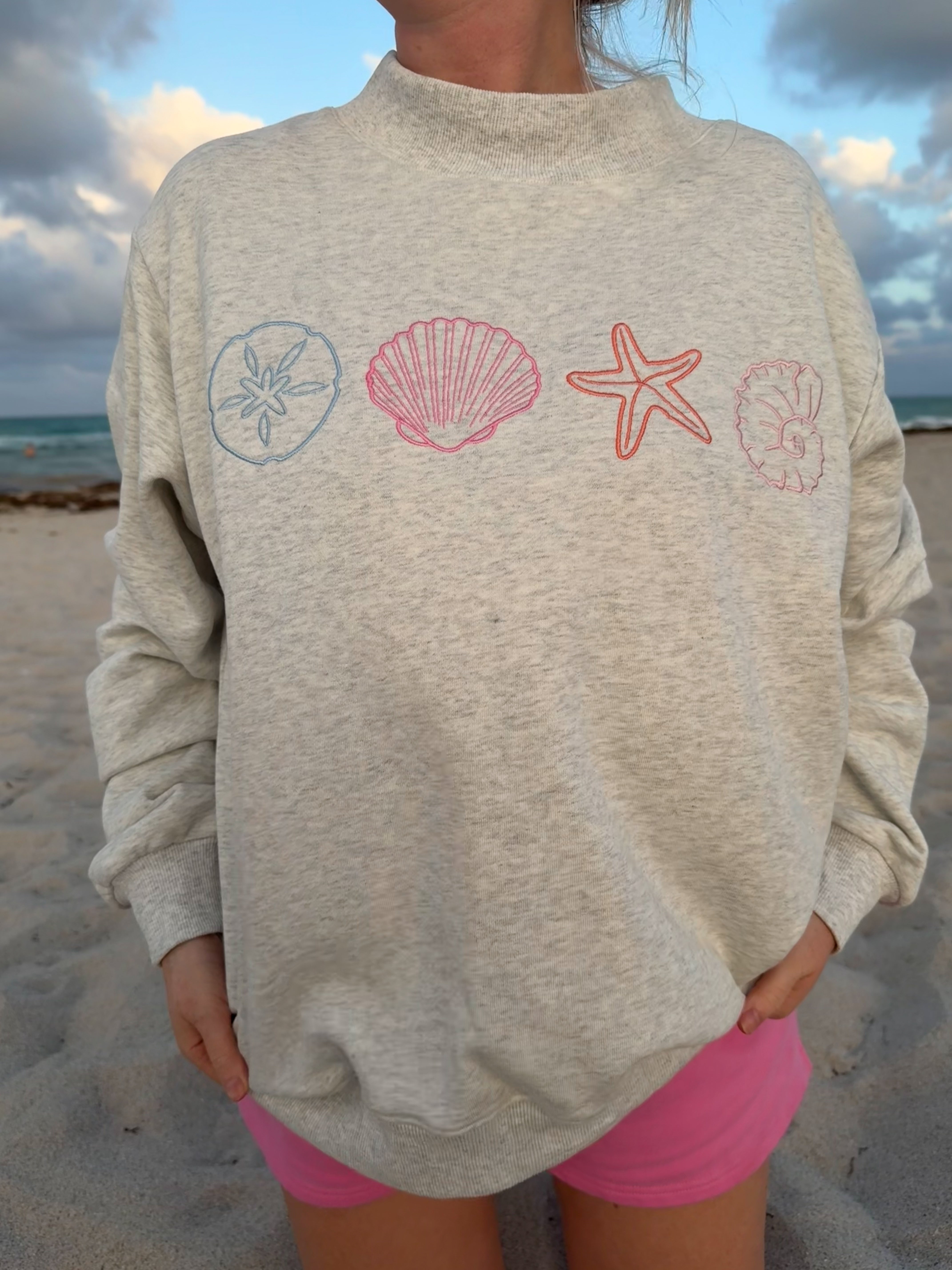 Oat Milk Grey Seashell Embroidered Mockneck Sweatshirt 100% Cotton ...