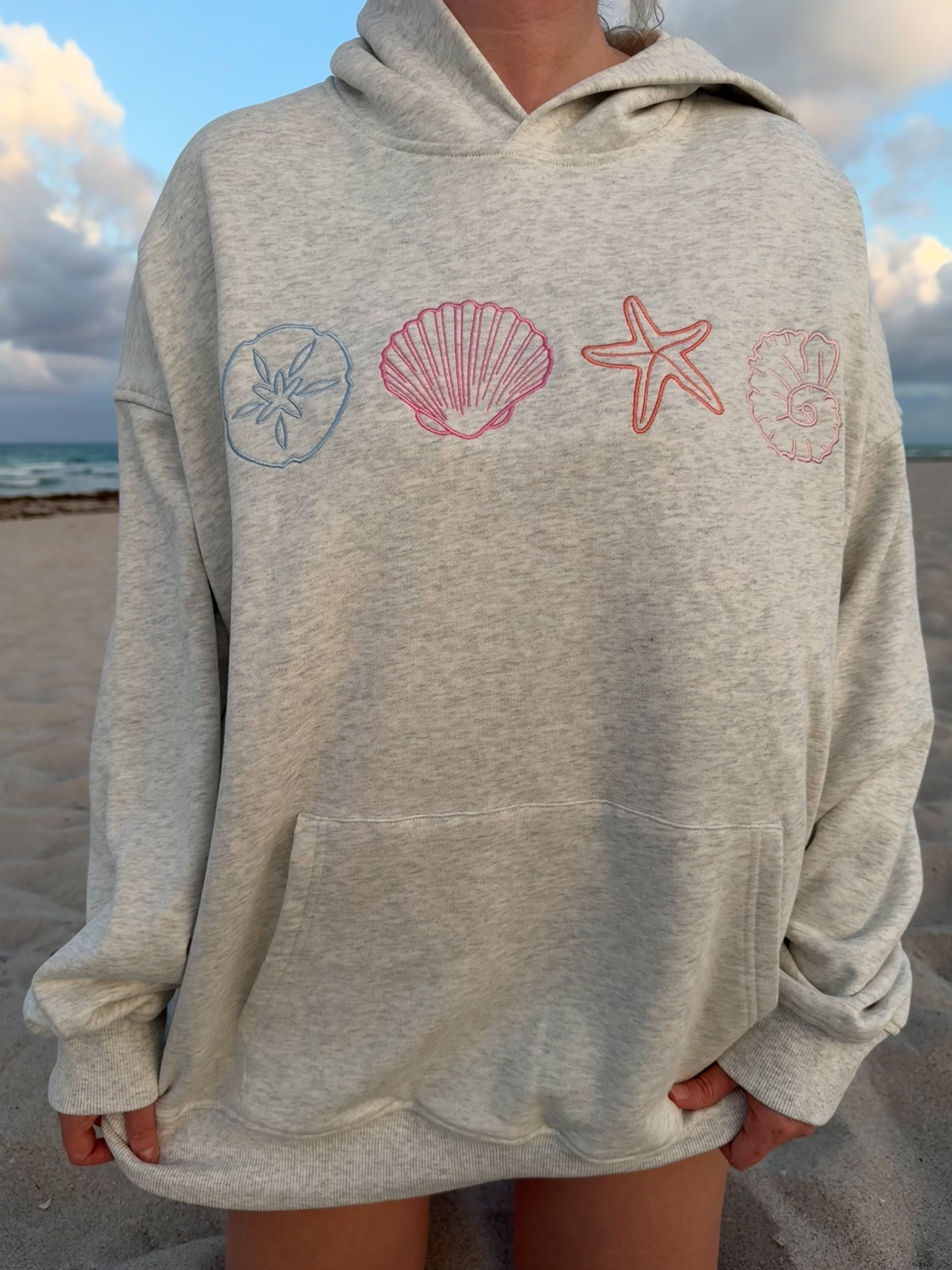 Oat Milk Grey Seashell Embroidered Hoodie 100% Cotton – Sunkissedcoconut
